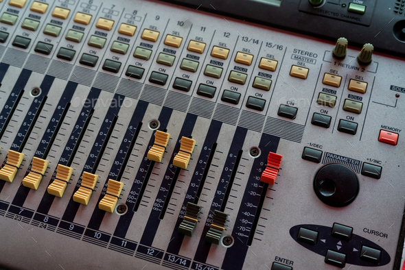 Audio sound mixer console. Sound mixing desk. Music mixer control panel ...