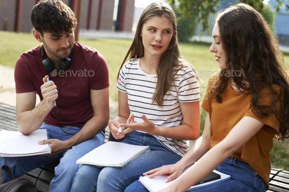 Group of caucasian students studying outside the university campus ...