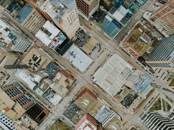 Bird's-eye view of a downtown area showcasing a skyline of high-rise ...