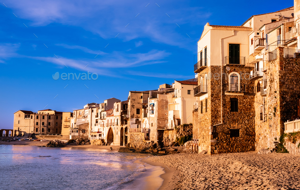Cefalu, medieval town on Sicily island, Italy at sunset Stock Photo by ...