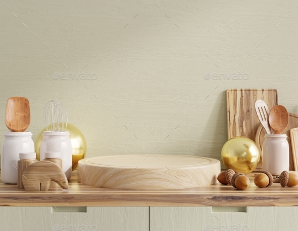Wooden podium in kitchen room composition for product presentation ...
