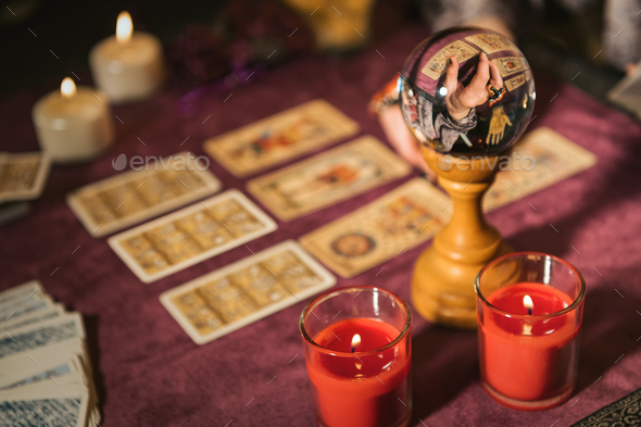 Fortune teller table with tarot cards and magic ball Stock Photo by ...