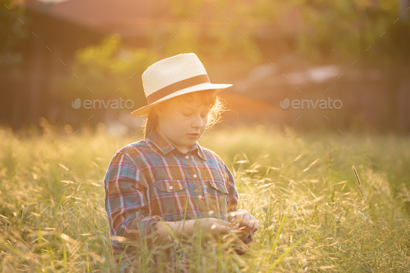 Cute little girl having fun in a dandelion field Stock Photo by erika8213