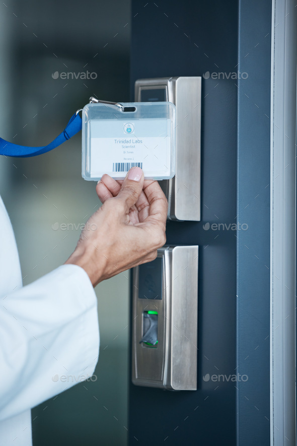 Key card, hand and scan on security door for entrance, access control ...