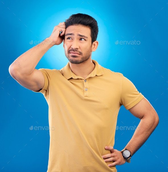 Thinking, studio ideas and man brainstorming solution, problem solving ...