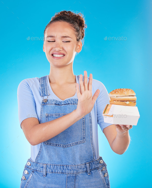 Burger, no and woman reject fast food choice and unhappy gives bad ...