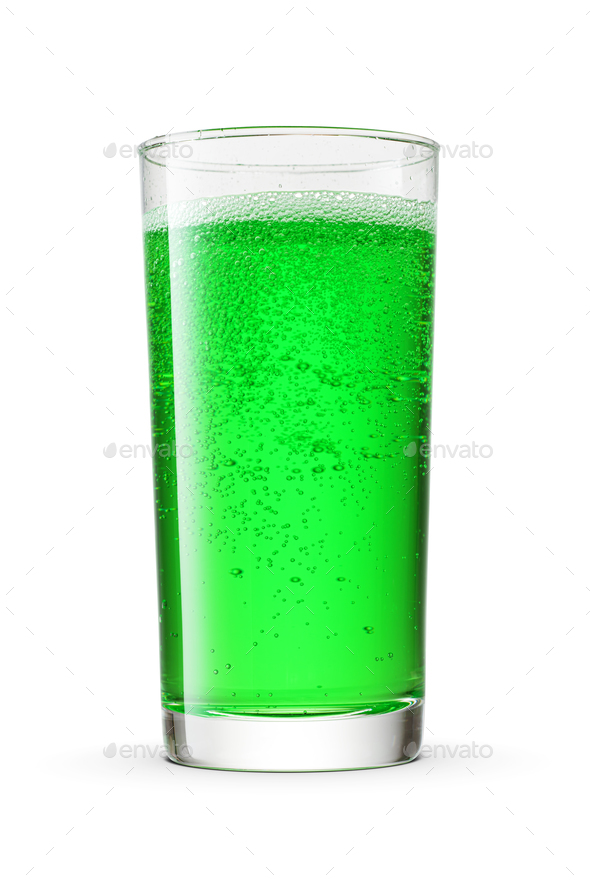 Glass of green soda soft drink isolated on white background. Taste of ...