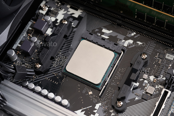 CPU with the cooling device of the desktop computer removed Stock Photo ...