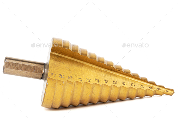 Conical step drill for drilling holes of different diameters, isolated ...