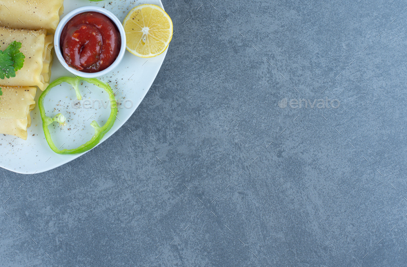Boiled dough rolls and leg on white plate Stock Photo by 13people ...