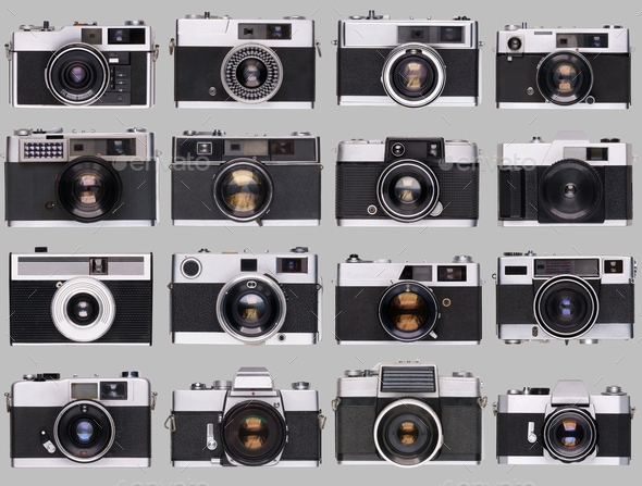 vintage old film camera collection isolated Stock Photo by anankkml