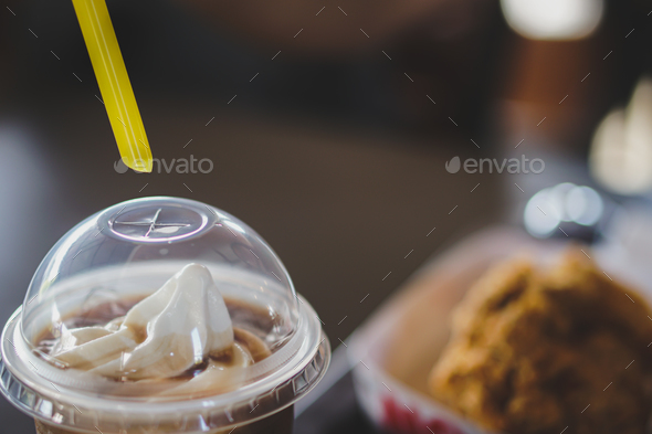 Mocha Float drinks ice cream topping ready to drink with yellow plastic ...