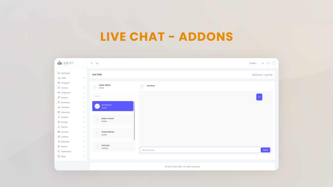 Onest LMS - LiveChat Addon - Real Time Customer Support Integration by onesttech
