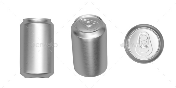 Aluminum slim cans in silver isolated on white background. All views ...