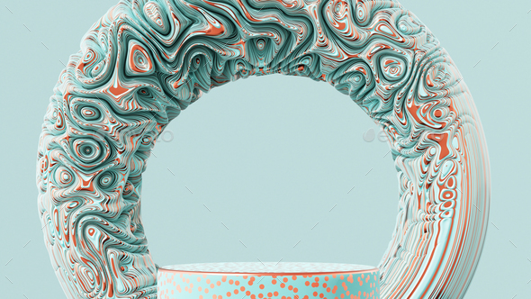 Round podium with golden pattern and deformed torus. Background for ...