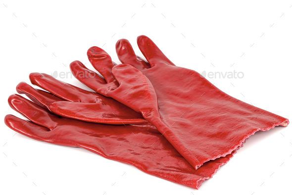 Pair of the red rubber gloves, isolated on white background Stock Photo ...