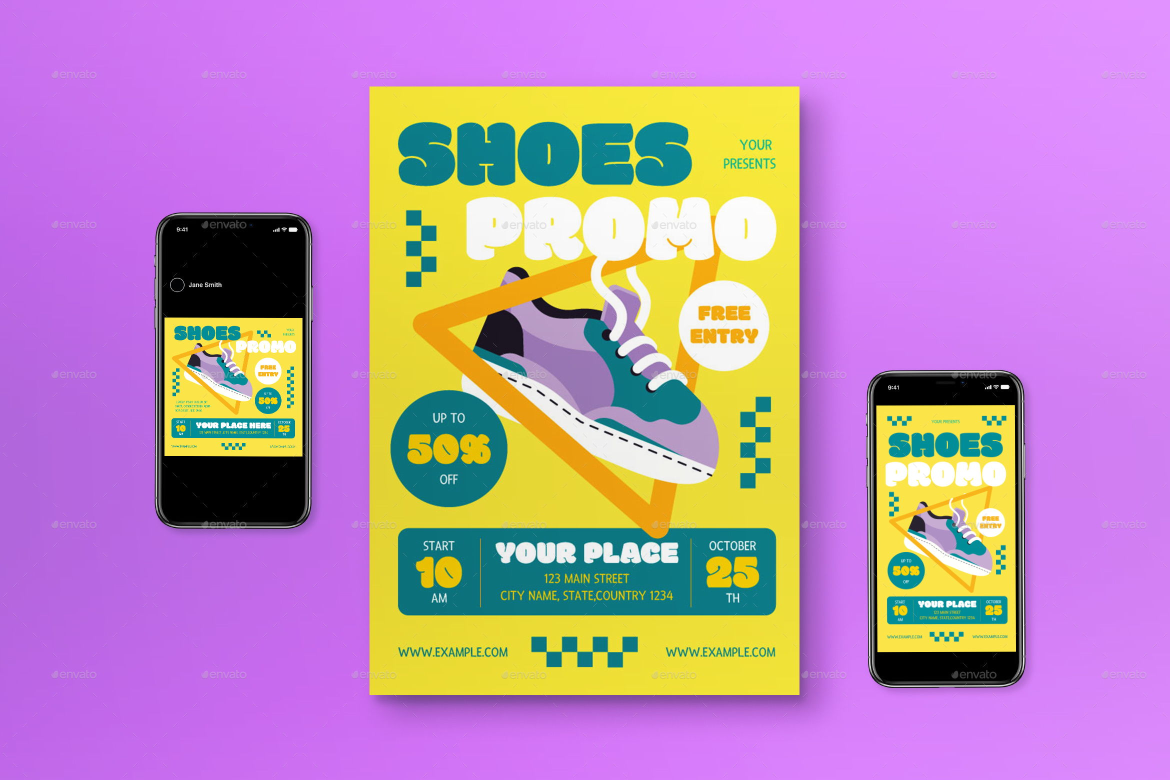 Yellow Flat Design Shoes Promo Flyer Set, Print Templates | GraphicRiver