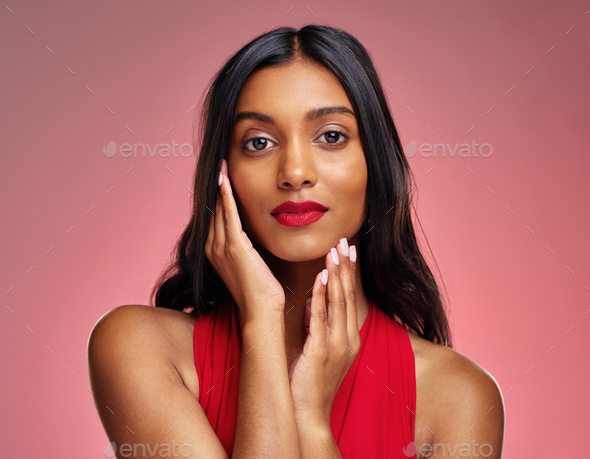 Woman, portrait and face with makeup on valentines day for beauty ...