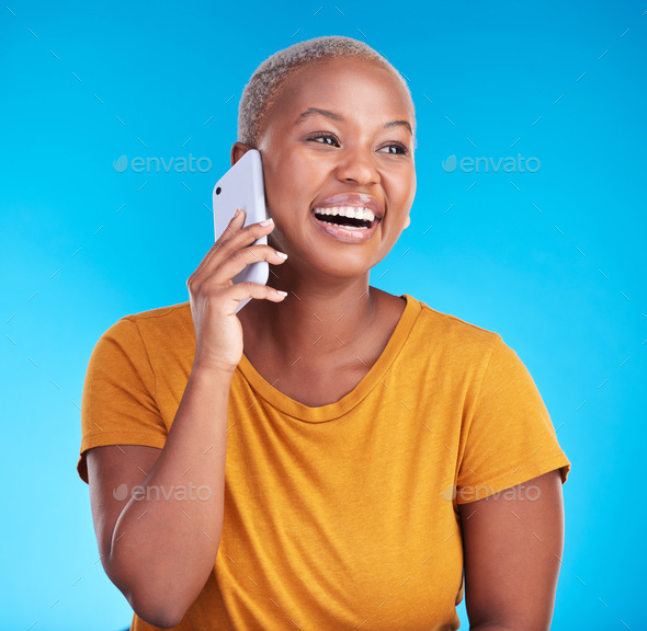 Phone call, studio smile and black woman laugh at funny communication ...