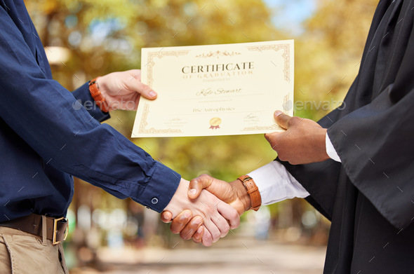 Shaking hands, graduation and certificate for college student with ...