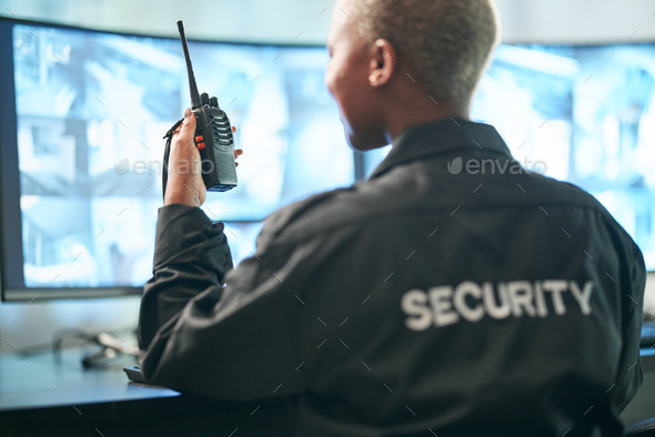 Back, security and radio surveillance with a woman officer in a control ...