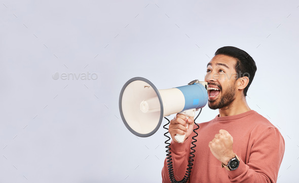 Megaphone, man and shout in studio space, white background and ...