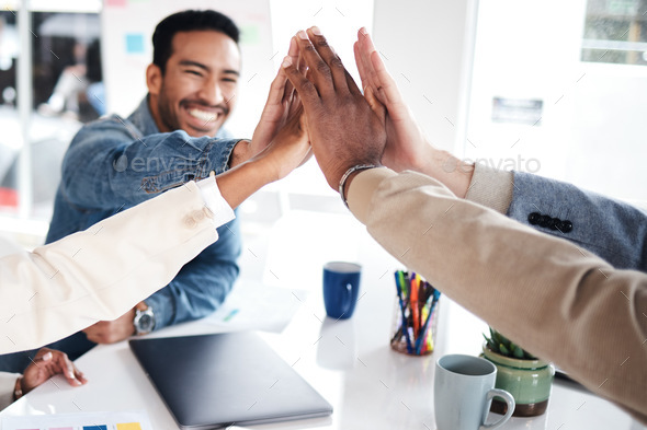 Creative people, meeting and high five for team building, success or ...