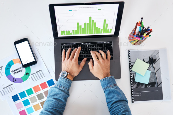 Laptop, statistics and person working on market research, strategy or ...