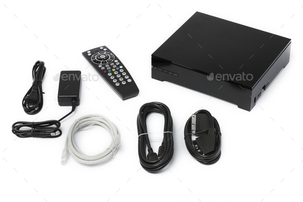 Tv decoder and remote control isolated on white background. Receiver ...