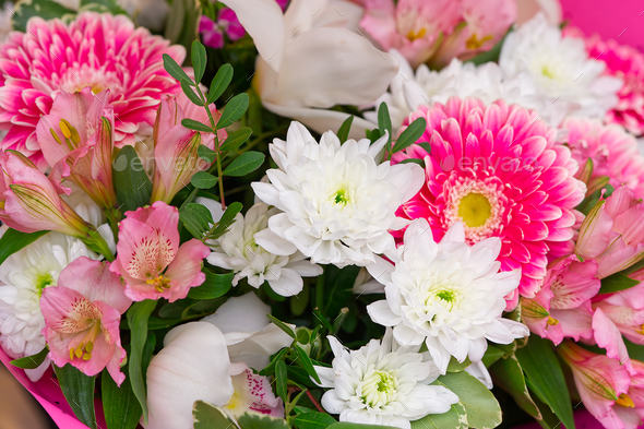 Mixed colorful flowers background. Vibrant colors of gerbera, tulips ...