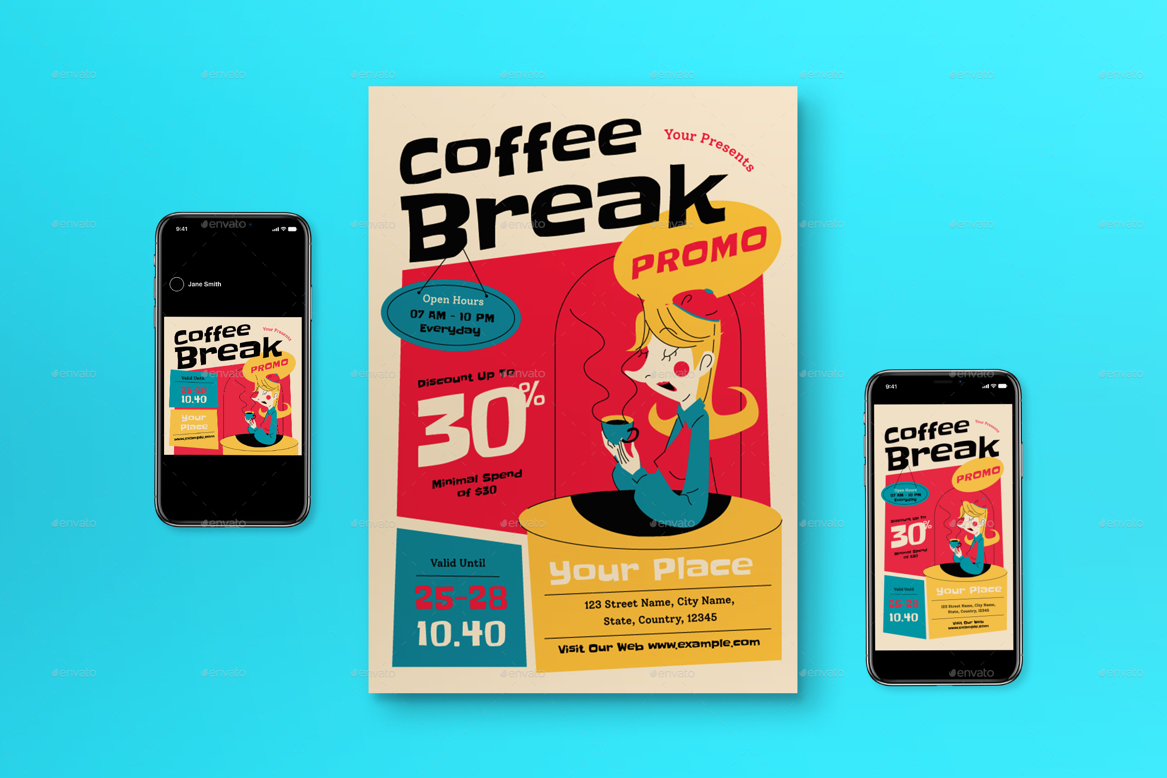 Red Mid Century Coffee Break Promo Flyer Set, Print Templates ...