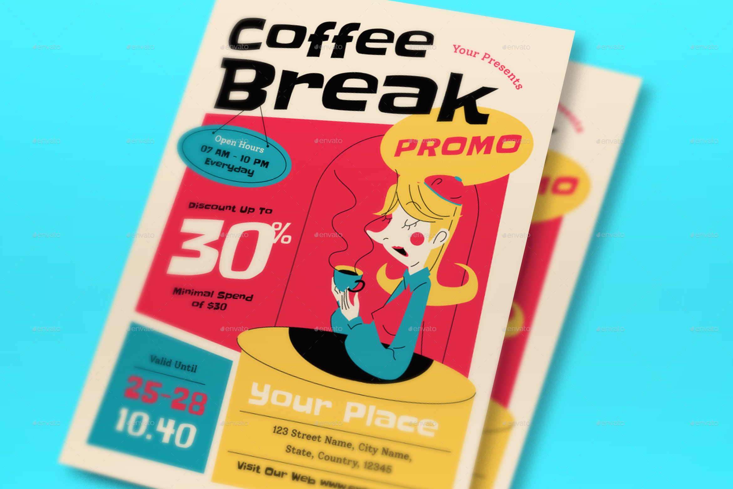 Red Mid Century Coffee Break Promo Flyer Set, Print Templates ...