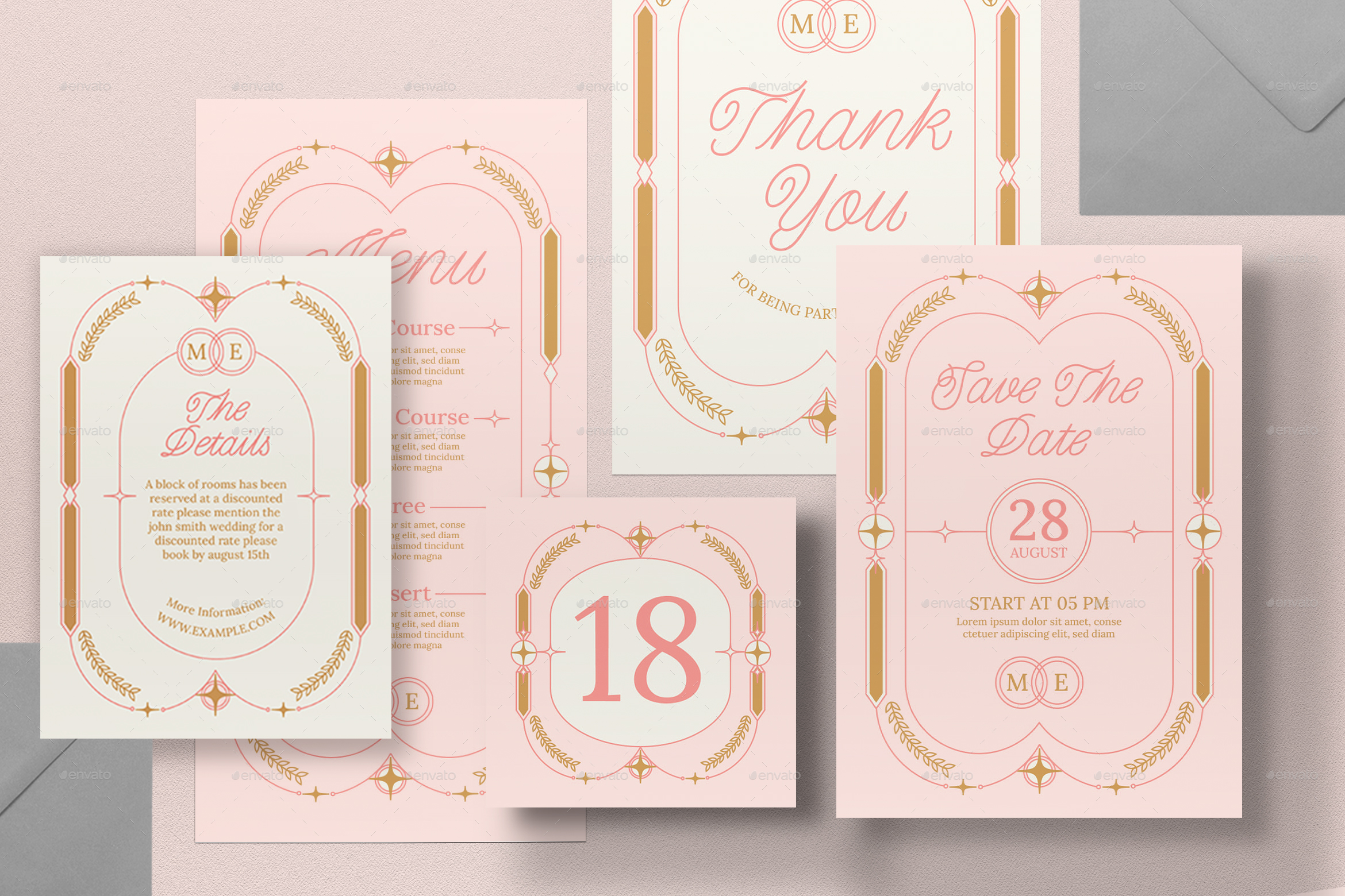 Pink Modern Wedding Invitation Set, Print Templates | GraphicRiver
