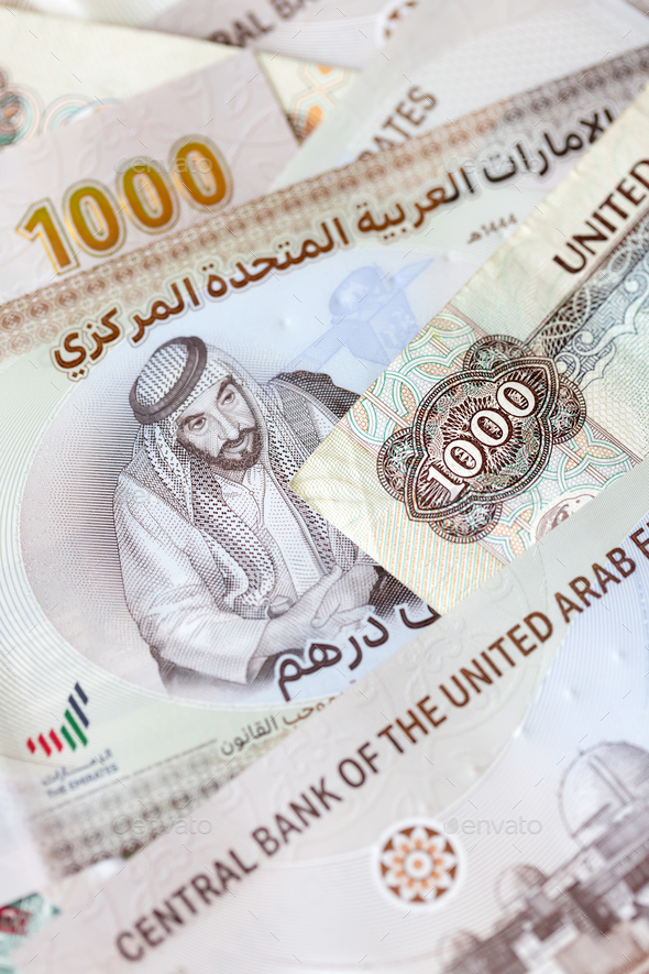 UAE dirhams, new paper money of one thousand, closeup of the banknotes ...