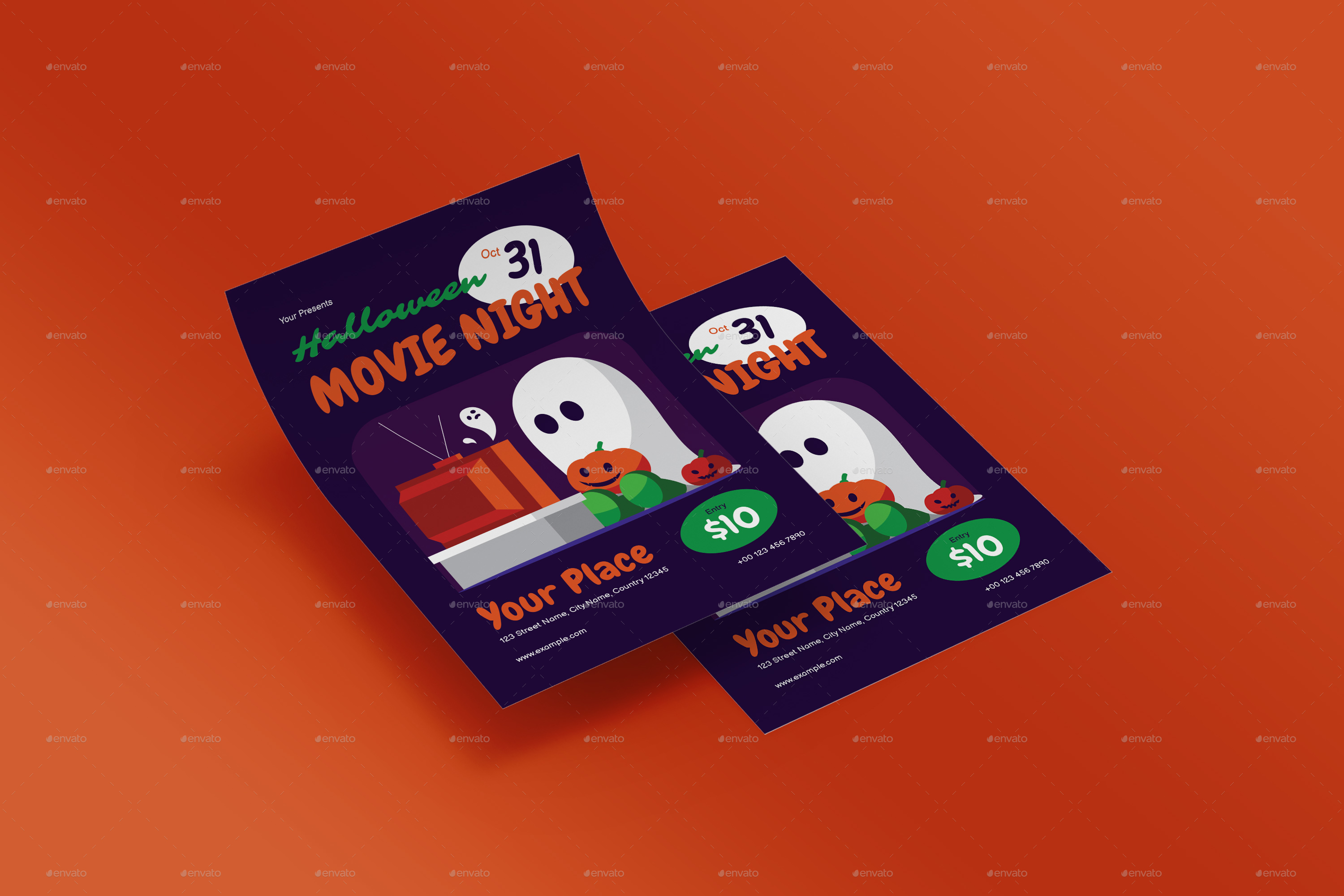 Flat Purple Orange Halloween Movie Night Flyer Set, Print Templates