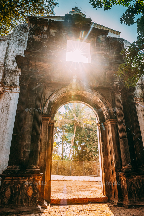 Goa Velha, India. Old St. Paul's College Gate. Famous Landmark And ...