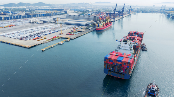 Tugboat pull container cargo ship vessel to cargo international ...