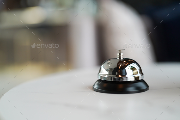 Hotel reception counter desk with service bell. front desk bell for ...