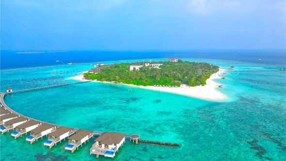 Drone Shot Maldives with water bungalow, nice white beaches Stock Photo ...