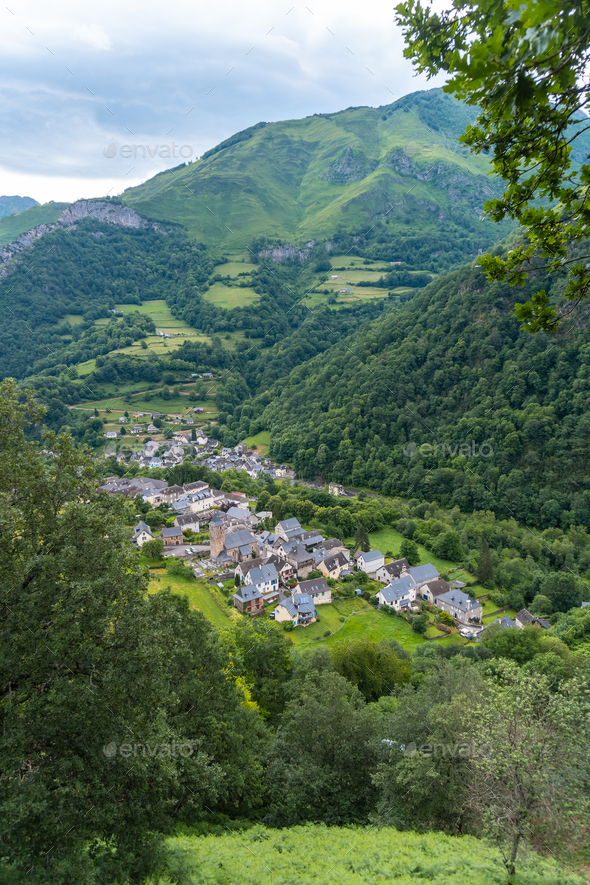 View from above of the municipality of Borce in the French Pyrenees and ...