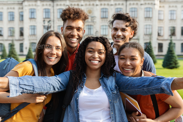 Cheerful Multicultural Students Making Selfie Near University Building ...