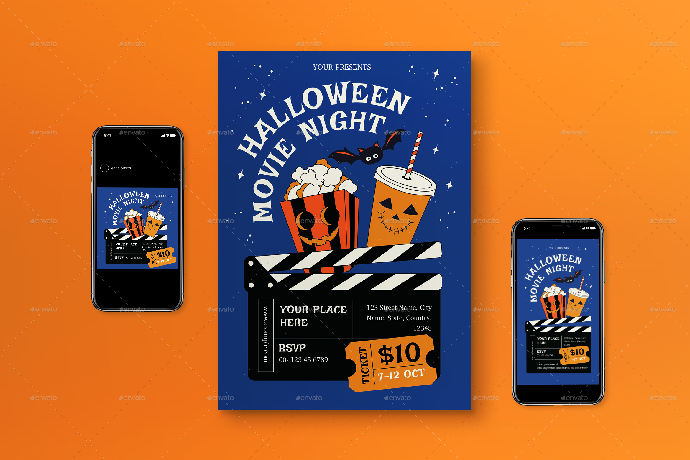 Blue Cartoon Halloween Movie Night Flyer Set, Print Templates ...