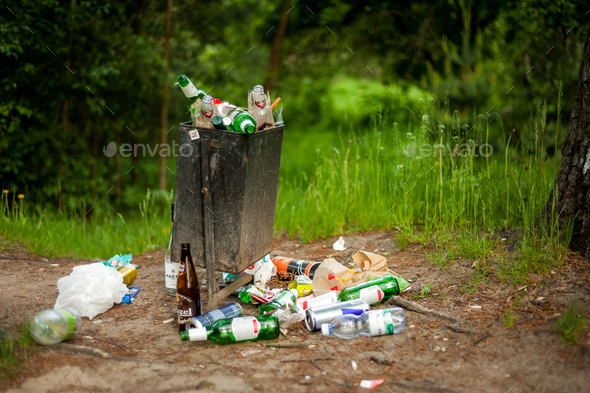 Overflowing trash can in a recreation Park at the height of a ...