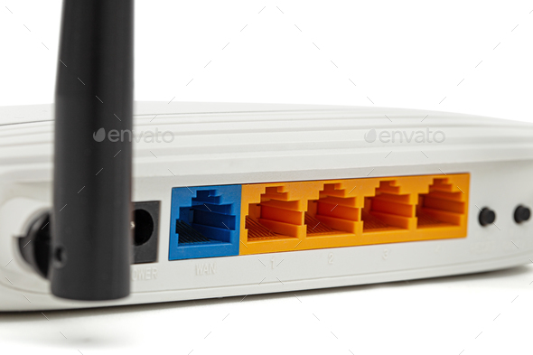 RJ45 connectors of wireless router, isolated on white background Stock ...