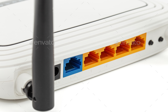 RJ45 connectors of wireless router, isolated on white background Stock ...