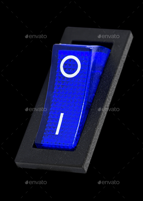 Blue power switch at ON position, isolated on black background Stock ...