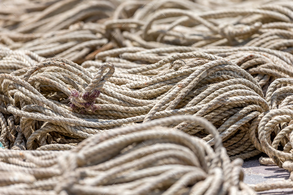 Old heavy duty rope laying outside on the asphalt Stock Photo by vinnikava