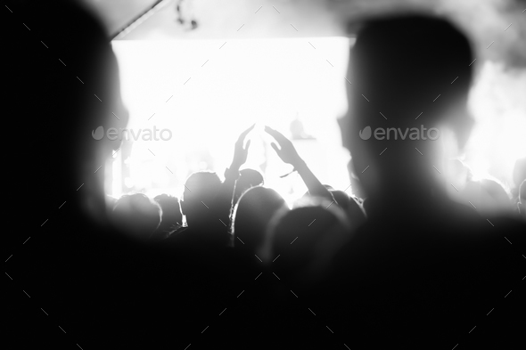 Abstract photo of crowd at concert and blurred stage lights. Stock ...
