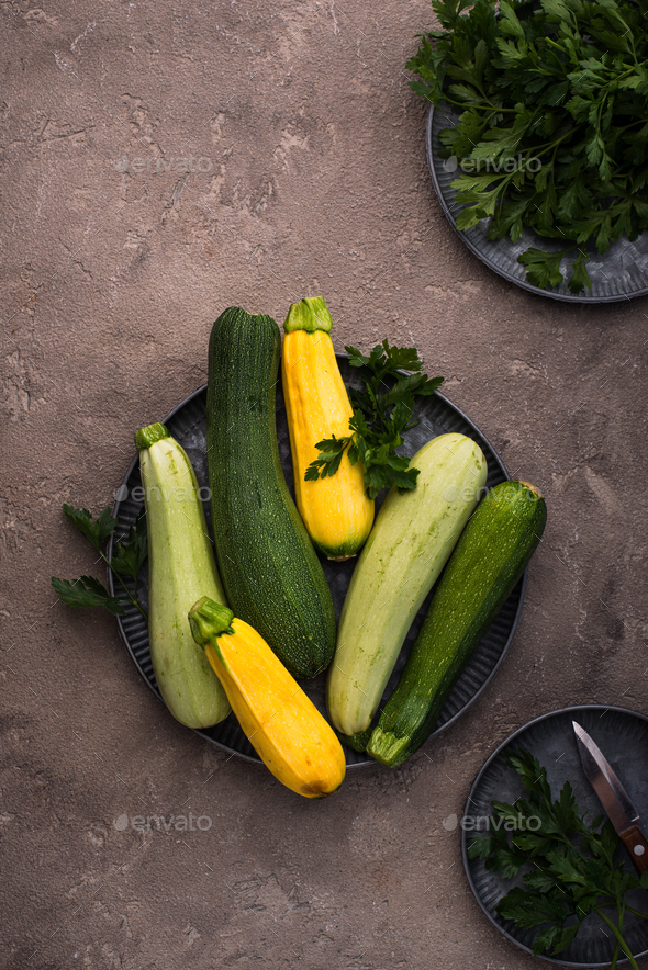 Assortment of different color of zucchini Stock Photo by furmanphoto