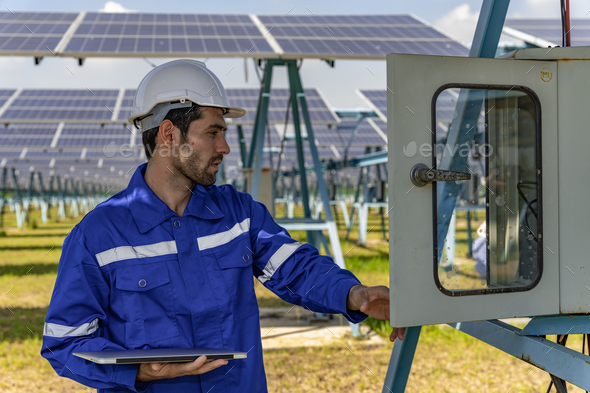Electrical engineers are examining the working conditions of many solar ...